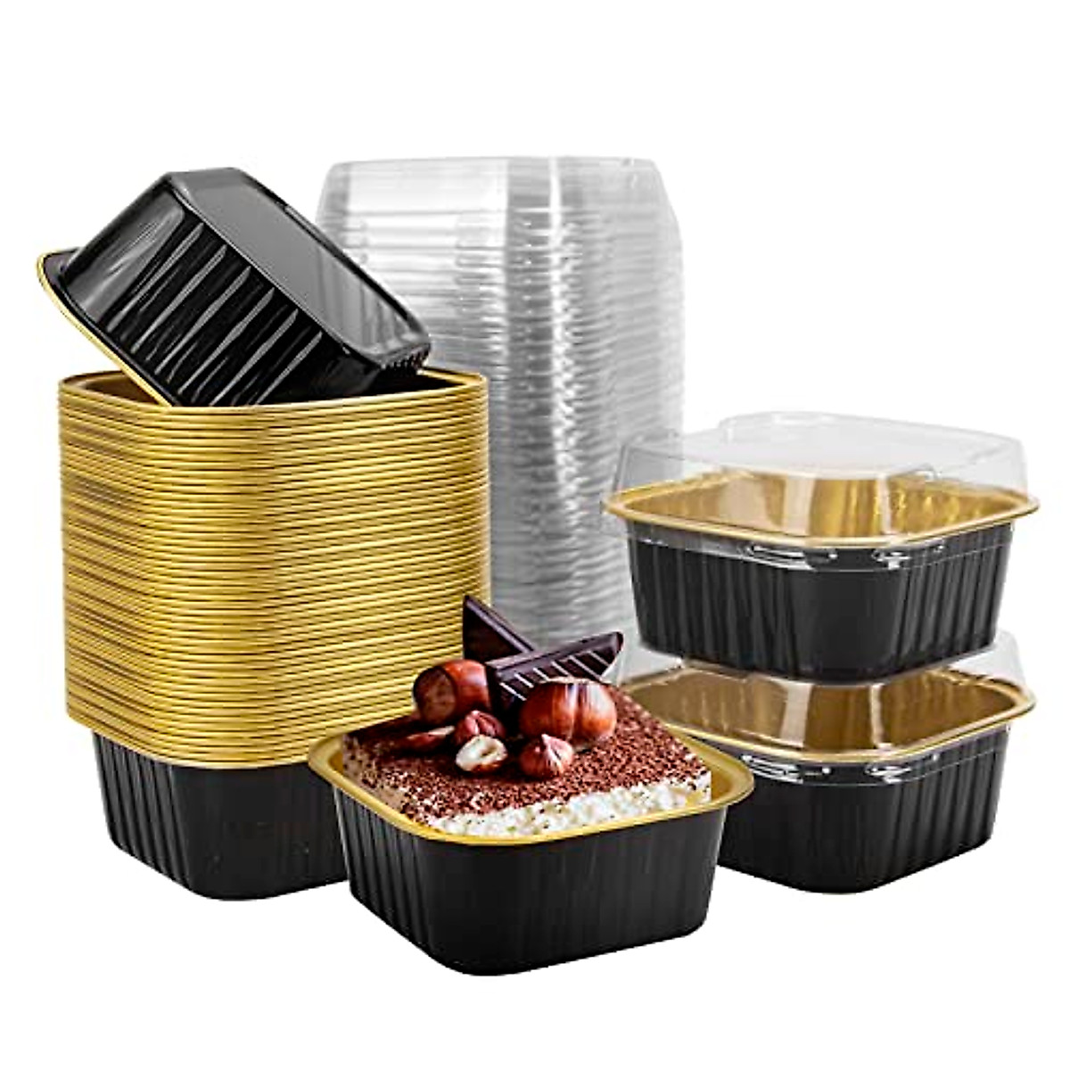 50 Pcs Mini Square Baking Cups with Lids,5oz Aluminum Foil Mini Cake Pans with Lids,Disposable Ramekins Cake Pans,150ml Dessert Cups Cupcake Pans for Wedding Birthday Party,Black Gold