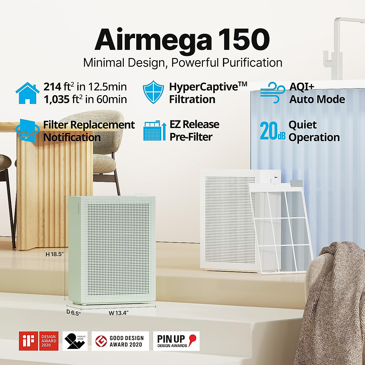 Coway Airmega 150 True HEPA Air Purifier with Air Quality Monitoring, Auto Mode, Filter Indicator (Dove White)