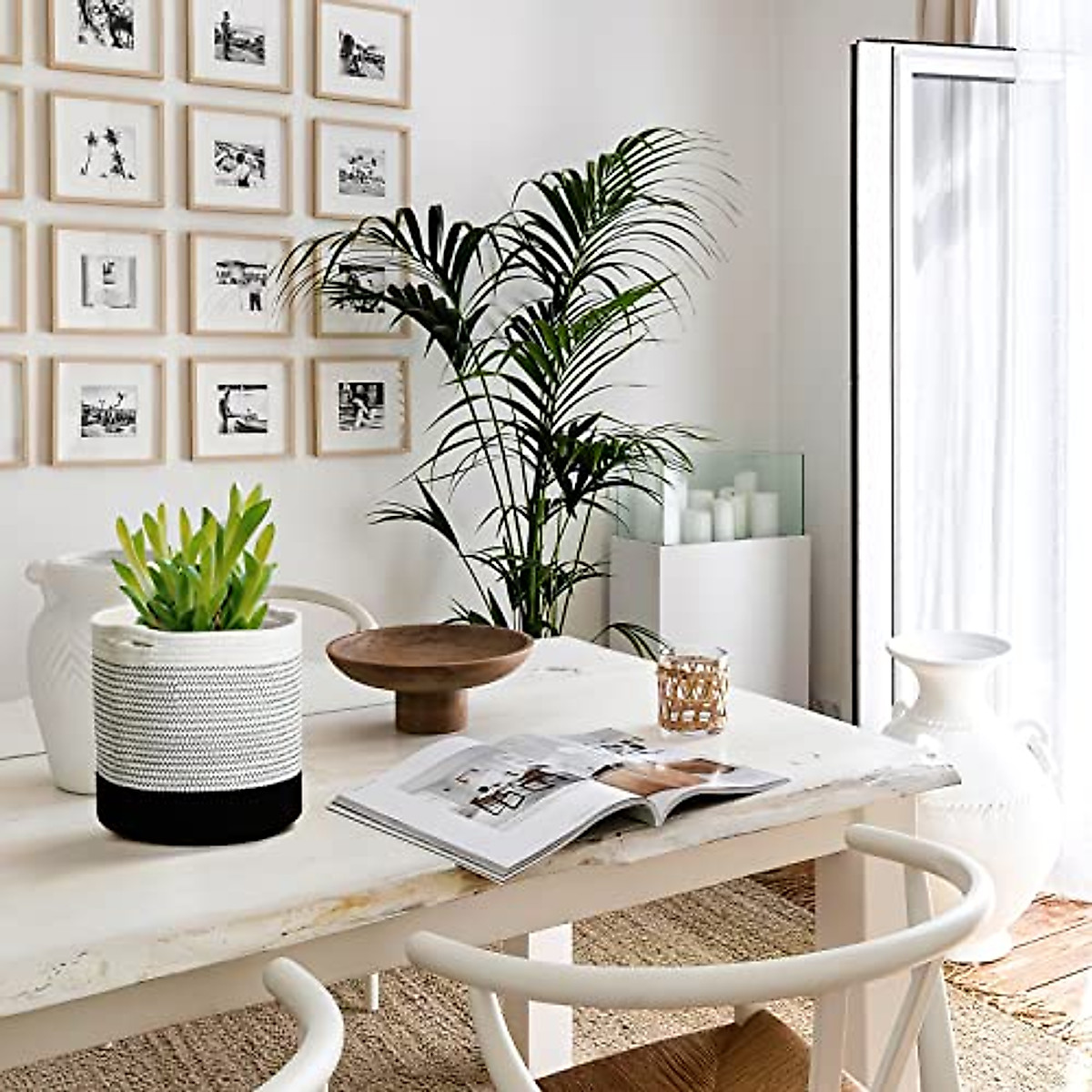 Gumcoly Jute Cotton Rope Plant Basket 8" Small Planter Basket for Up to 7" Planter Round Woven Basket Decorative Flower Pot Storage Organizer Home Decor White