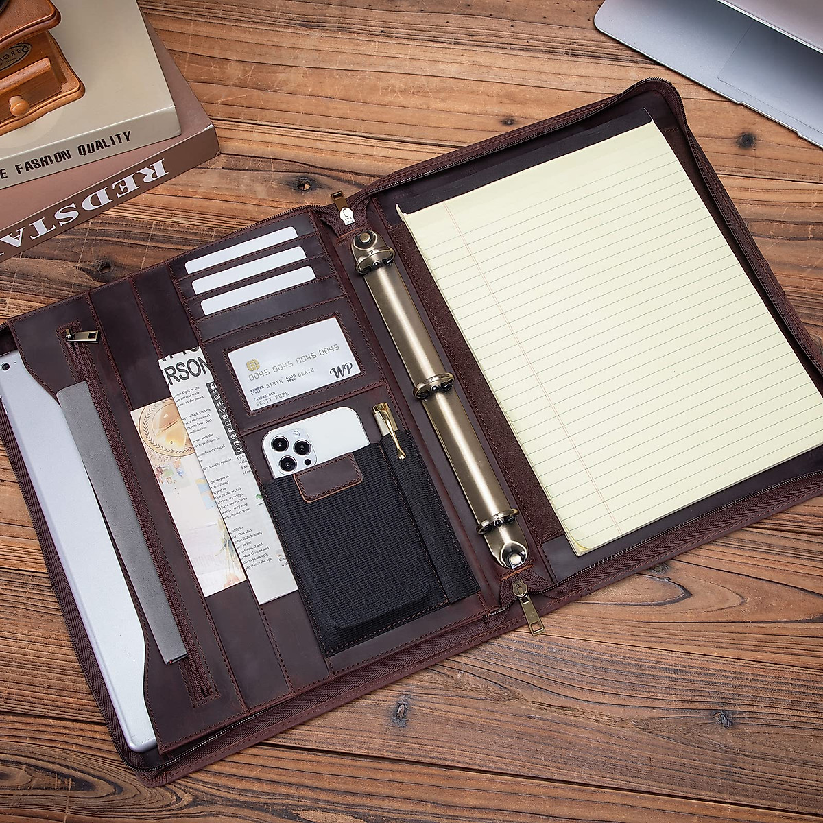 Geslun Genuine Leather Portfolio with 3 Ring Binder, Full Grain Leather Padfolio Zippered, A4 Notebook Holder Laptop Sleeve Professional Folder Organizer Gift for Men and Women, Dark Brown