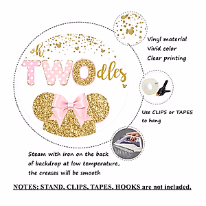 Cartoon Pink Golden Mouse 2nd Birthday Backdrop for Girls Oh Twodles Mouse Happy 2nd Birthday Party Decorations Girl Princess Birthday Party Banner Cake Table Decor 5x3ft