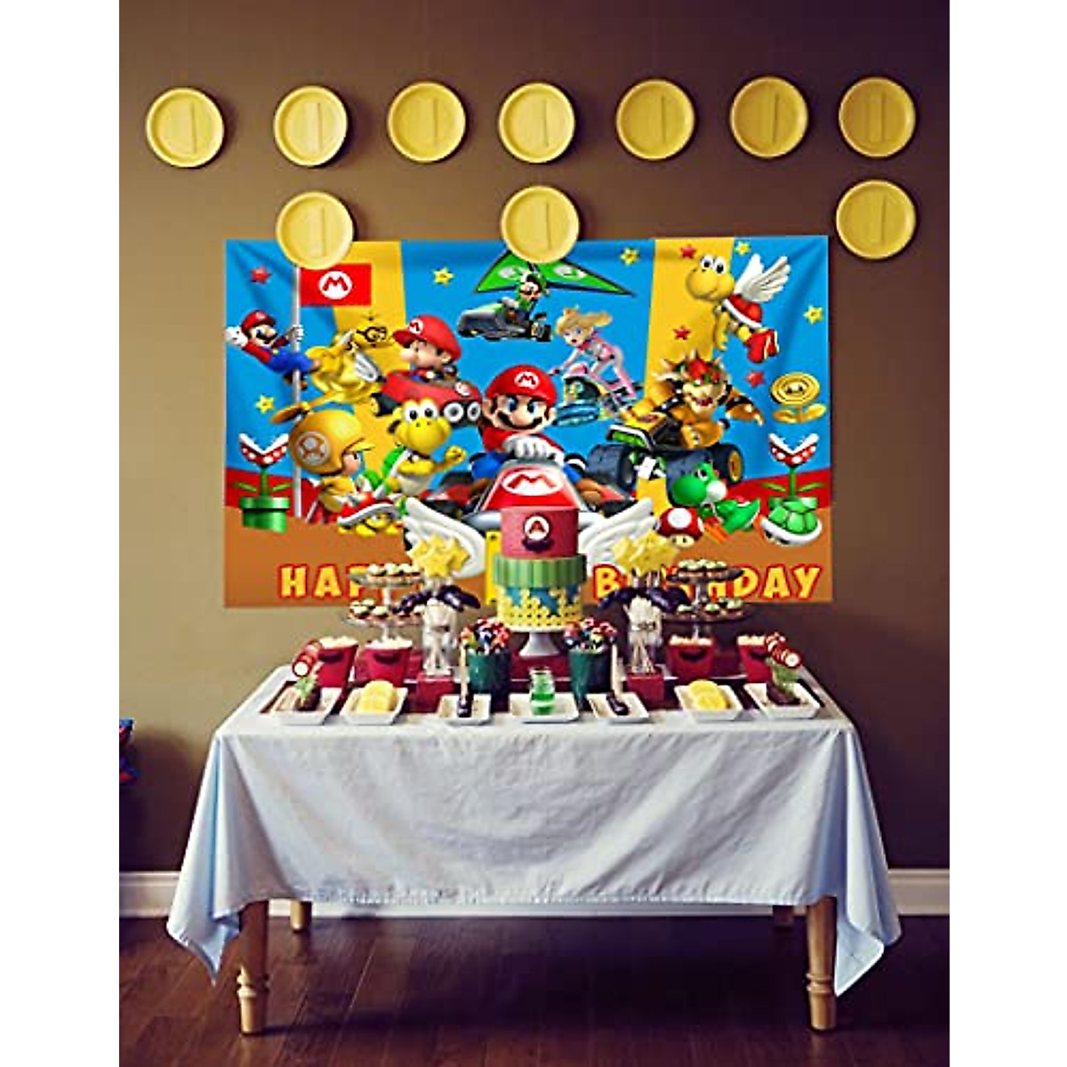 GUOBING Betta Mario Backdrop Kids Happy Birthday Baby Shower for Super Mario Bros Kart Party Backdrop Game Party Photo Video Decoration Background 7x5ft