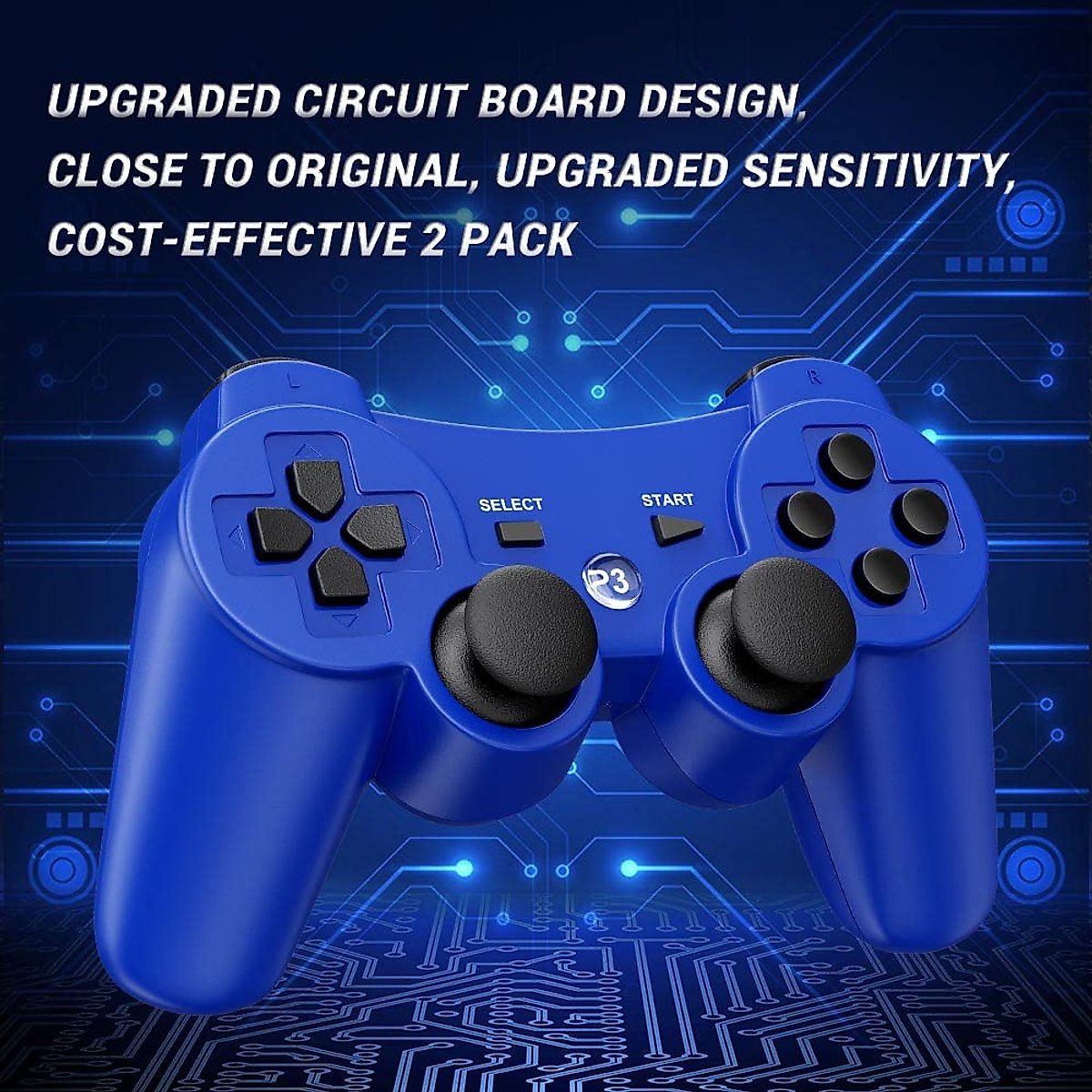 OKHAHA Controller 2 Pack for PS3 Wireless Controller for Sony Playstation 3, Double Shock 3, Bluetooth, Rechargeable, Motion Sensor, Remote for PS3 (No Stripes(Black + Blue))