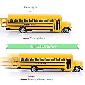 Think Wing School Bus Toy for Toddlers, 8.5 inch Die Cast Pull Back Cars Yellow Bus Play Vehicles with Pull Back Mechanism and Open Doors