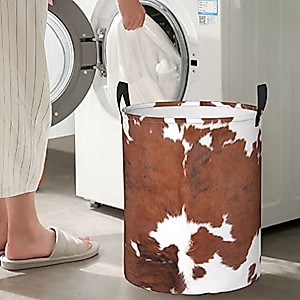 Western Cow Print Laundry Hamper - Brown Cowhide Basket with Handles Animal Skin Pattern Washing Bucket Foldable Dirty Clothes Toys Storage Bag Organizer for Girls Women Bedroom Bathroom Dorm