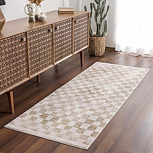 BoutiqueRugs Benjy Modern Checkered Area Rug - Contemporary Geometric Carpet for Living Room, Bedroom, Kids Room, Nursery - Cream, Gold - 5'3" x 7' (5x7 Area Rug)