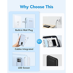 Charmast Portable Charger with Built-in Cables and AC Wall Plug, 10000mAh Ultra Slim Power Bank, External Battery Pack, Travel Accessories Compatible with iPhone 14/13, Samsung Galaxy, etc