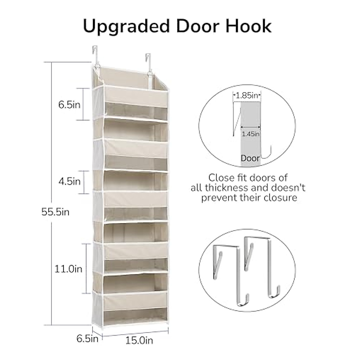 ULG 1-Pack Over Door Organizer with 5 Large Pockets 10 Mesh Side Pockets, 44 lbs Weight Capacity Hanging Storage Organizer with Clear Window for Bedroom Bathroom Kitchen, RV, Camper, Beige