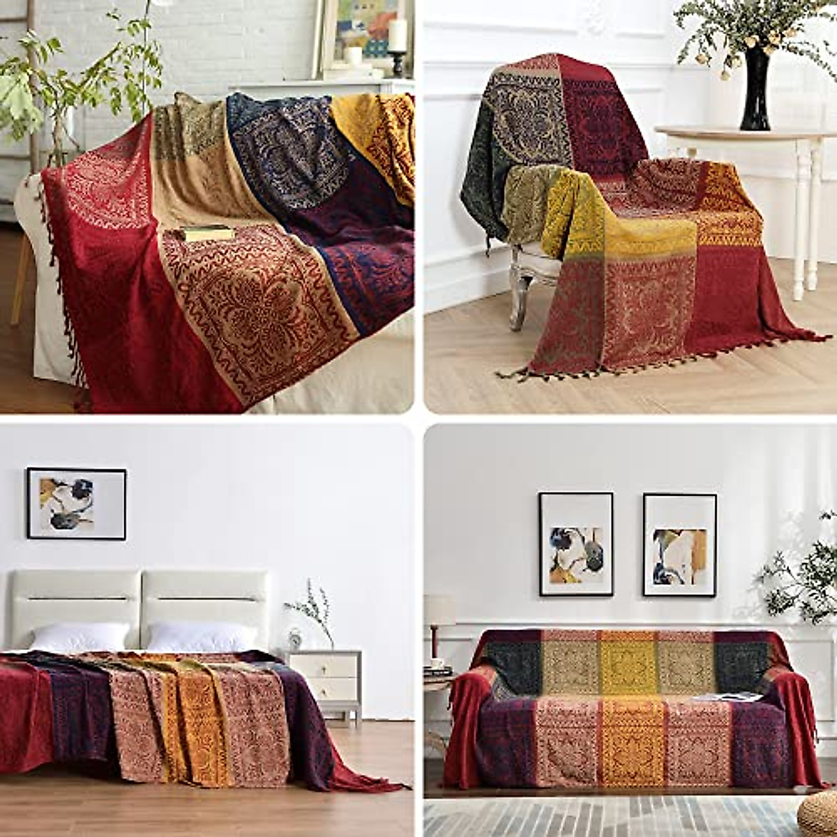 Boho Throw Blanket, Chenille Jacquard Tassels Throw Blankets for Bed Couch Soft Chair， Bohemian Fringe Tassels (Red, S:60x75