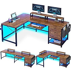 SEDETA 69" L Shaped Gaming Desk, Convertible L Office Desk to Long Computer Desk, Gaming Desk with LED Lights, Corner Desk with File Drawers & Keyboard Tray for Home Office, Rustic Brown
