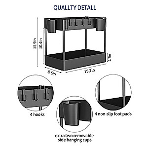 Axbima 2 Tier Under Sink Organizer, Under Bathroom Sink Storage, Under Kitchen Sink Shelf Rack with 2 Hanging Cups & Hooks for Cabinet Countertop Bathroom Laundry Garages (Black)