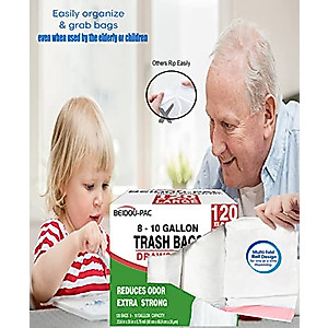 BEIDOU-PAC Trash Bags 8-10 Gallon Drawstring, 120 Count, Multifold Roll Garbage Bags, Large Kitchen Trash Bags, Odorless & Heavy Duty White Plastic Food Scrap Bags for Bathroom Bedroom Office Waste