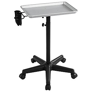 Yaheetech Rolling Salon Tray - Aluminum Trolley Cart Equipment on Wheels & Adjustable Height Mobile Beauty Salon Spa Stools Service Instrument Storage Tray w/Accessory Caddy - Silver