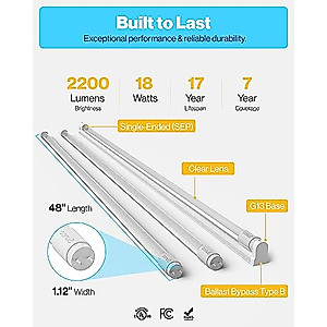 Sunco 50 Pack T8 LED Tubes 4FT Fluorescent Replacement, 48 Inch, 18W, 2200LM, 6000K Daylight Deluxe, Single Ended Power, Type B, Ballast Bypass, Clear Lens UL