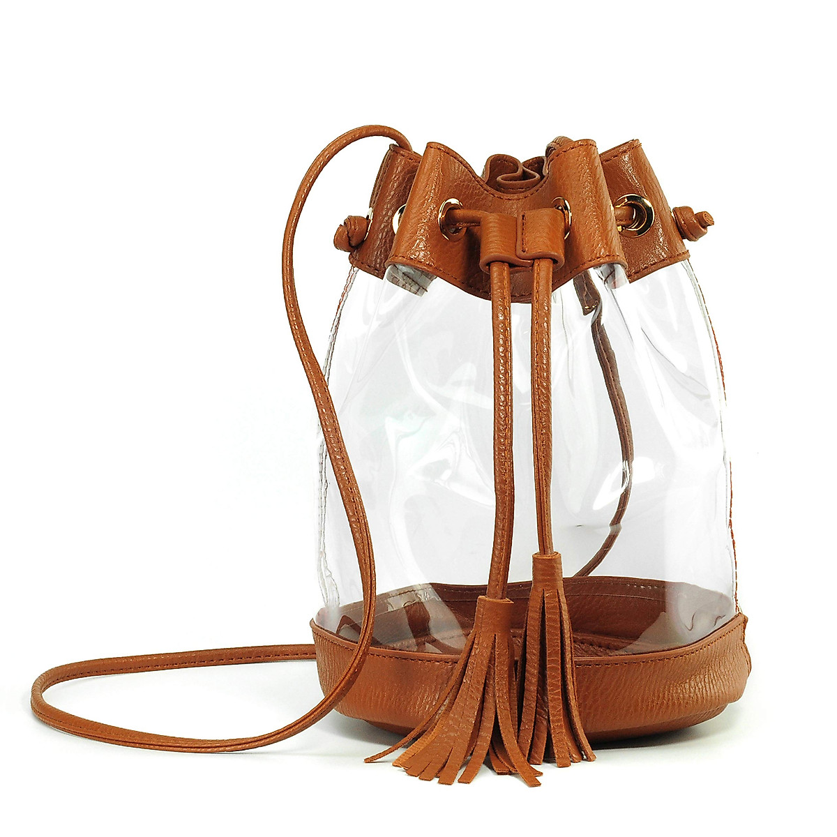 HOXIS Clear Purse Drawstring Bucket Crossbody Bag with Tassel Women PVC shoulder handbag for stadium approved (Brown)