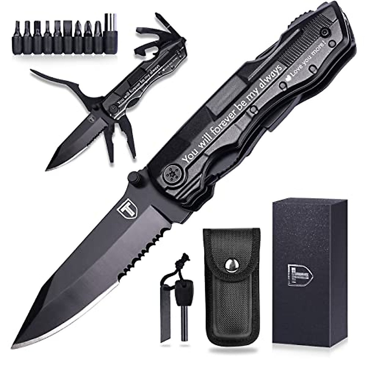 TRSCIND Pocket Knife Engraved Multitool, Love You More, Personalized Gifts for Mens, Unique Anniversary Birthday Gifts for Him husband Boyfriend, Perfect Gifts for Camping Hunting Fishing