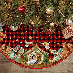 AVOIN colorlife Buffalo Plaid Nativity Christmas Tree Skirt 48 Inch, Jesus Christian Winter Holiday Tree Mat Decoration