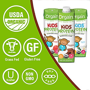 Orgain Organic Kids Protein Nutritional Shake, Chocolate - Great for Breakfast & Snacks, 21 Vitamins & Minerals, 10 Fruits & Vegetables, Gluten Free, Soy Free, 8.25 oz, 12 Count (Packaging May Vary)