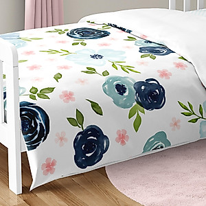 Sweet Jojo Designs Navy Blue and Pink Watercolor Floral Girl Toddler Kid Childrens Comforter Bedding Set - 5 Pieces Comforter, Sham and Sheets - Blush, Green, White Shabby Chic Rose Flower Polka Dot