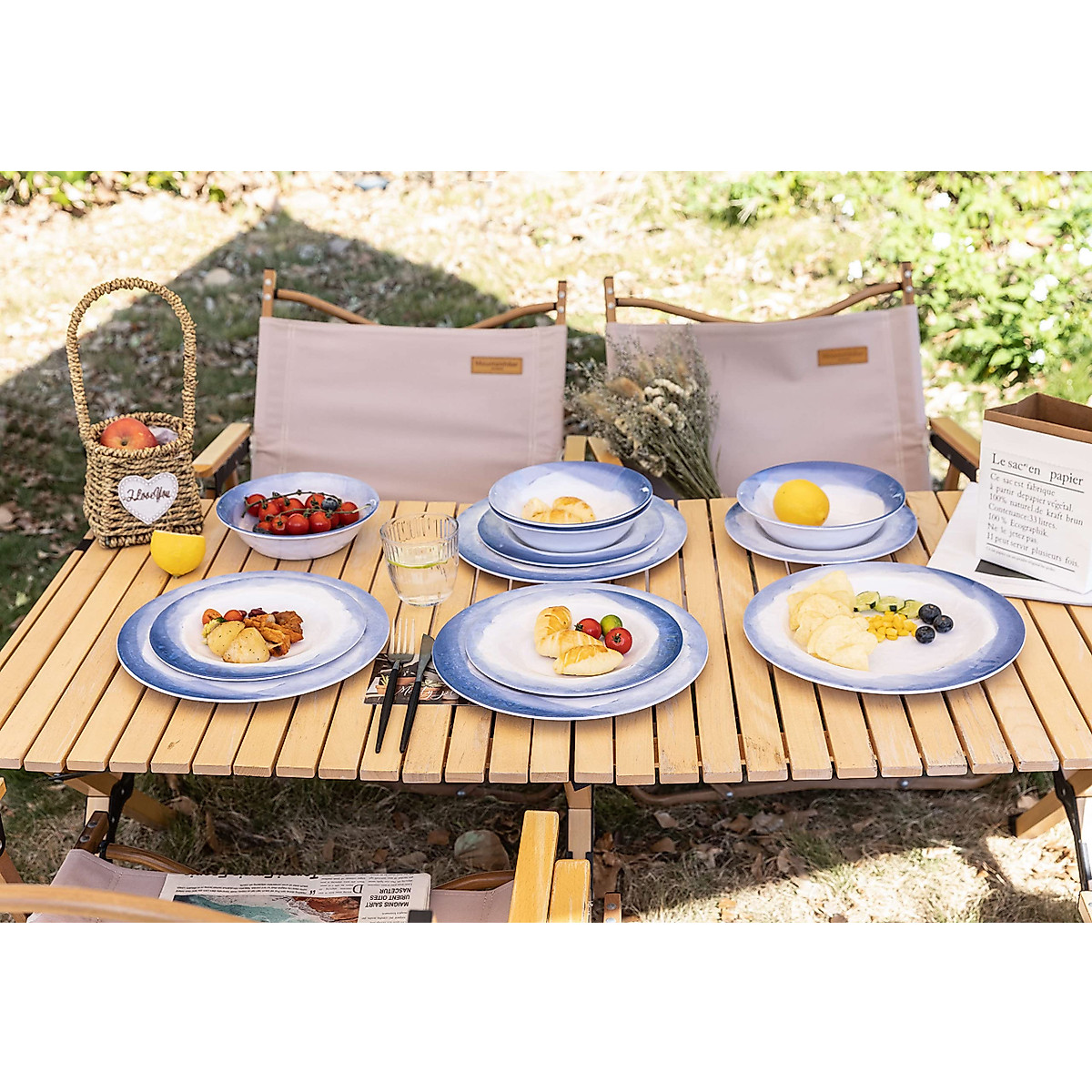 Melamine Dinnerware Sets- 12pcs Melamine Plates and Bowls Set for 4, Suitable for Indoor and Outdoor Use, Blue