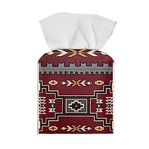 Gearider PU Leather Tissue Box Holder, Brown Aztec Tribal Modern Square Tissue Box Cover Decorative Paper Facial Case Dispenser for Bathroom, Office, Car, Home Decor