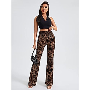 OYOANGLE Women's Bootcut High Waisted Yoga Pants Floral Print Wide Leg Pants Trousers Brown Floral L