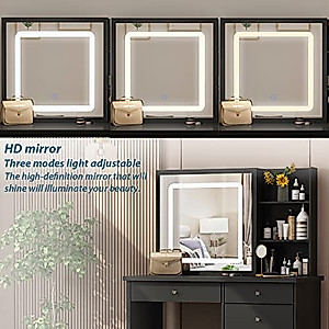 AIEGLE Large Vanity Desk Set with Sliding Lighted Mirror, Makeup Dressing Table with Hidden Shelves & Cushioned Stool, Black - Sliding Lighted Mirror