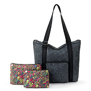 Sakroots On the Go 4 Piece Travel Bundle, Includes 21" Rolling Suitcase, Packable Large Tote, Medium & Small Pouches, Black Spirit Desert