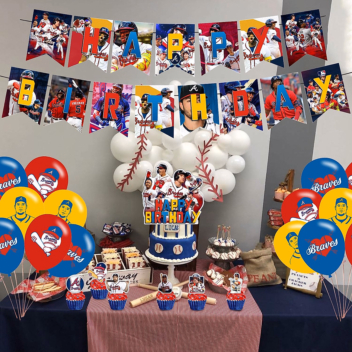Atlanta Baseball Birthday Party Supplies, Atlanta Baseball Party Decorations,Braves Party Theme Includes Balloons,Banner,Cake Toppers for Baseball Kids Birthday Theme Party Decorations