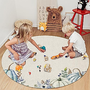 Thanksgiving Pumpkin Round Area Rug 6ft,Washable Outdoor Indoor Carpet Runner Rug for Bedroom,Kitchen,Living Room,Office,Area+Rug Large Bath Door Desk Floor Mat Blue White Fall Eucalyptus Leaves