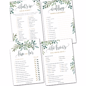 Papery Pop Bridal Shower Games - Wedding Shower Games - 4 Games for 25 Guests - Double Sided Cards - Eucalyptus