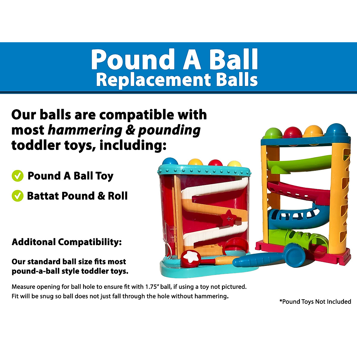 Multicolored Replacement Ball Set (1.75") for Pound A Ball Baby Hammering & Pounding Toys | Durable, Crush-Proof Plastic Balls Perfect for Toddler Pound A Ball Toy & Baby Ball Drop Toys | 6 Ball Set