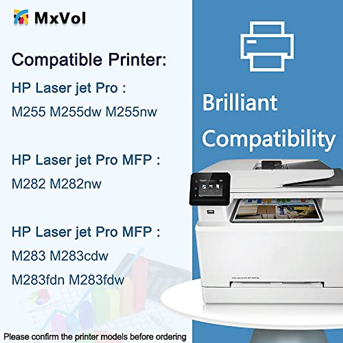 MxVol (206A NO Chip) Compatible Toner Cartridge Replacement for HP 206A 206X W2110A W2110X for HP Laserjet Pro MFP M283fdw M283cdw M255dw M282nw M283 M255 M282 Series Printer (KCMY, 4-Pack)