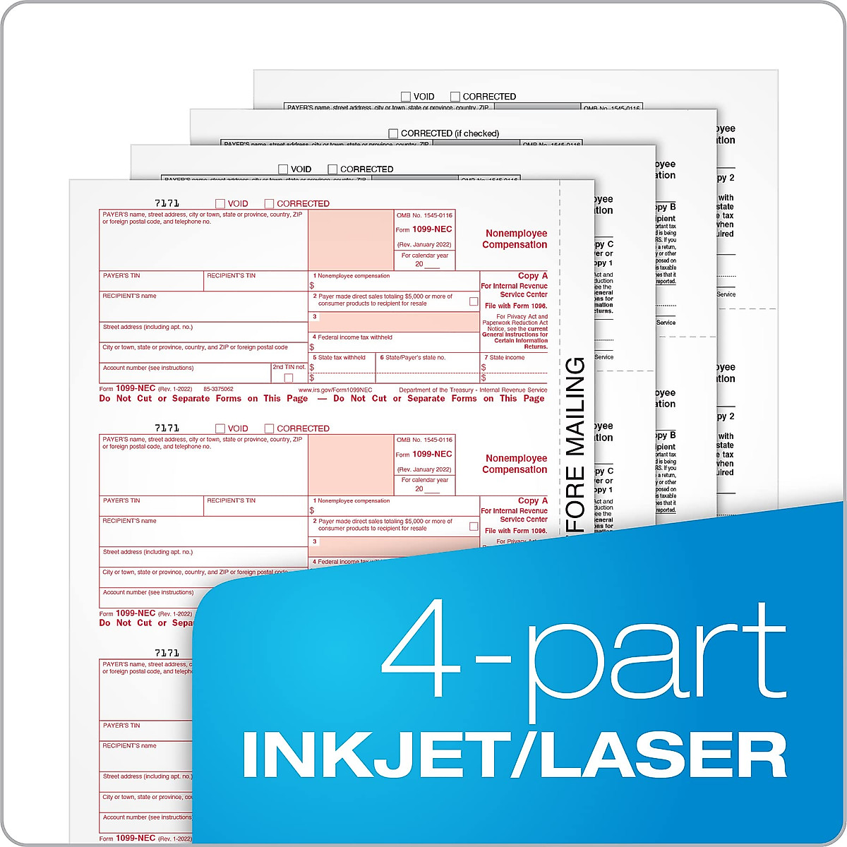 TOPS 1099 NEC Forms 2022, 4 Part Laser/Inkjet 1099 Forms with Self Seal Envelopes, for 30 Recipients, Includes 3 1096 Forms (TX22925NEC-22)