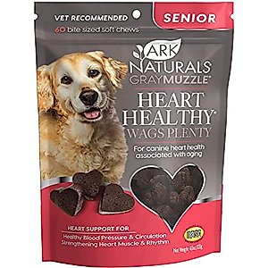 Ark Naturals Gray Muzzle Heart Healthy Wags Plenty Dog Chews, Vet Recommended for Senior Dogs to Support Heart Muscle, Blood Pressure and Circulation, Natural Ingredients, 60 Count