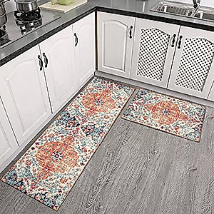 Boho Style Kitchen Rugs and mats Set of 2,Farmhouse Kitchen Mat for Sink,Non Slip Absorbent Stain Resistant Floor Mat for Kitchen Laundry Room Rug Area Runner Rug Orange