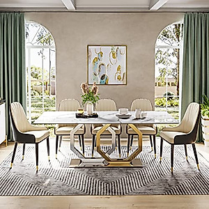 POVISON Modern Faux Marble Dining Table for 6-8, White Rectangular Dining Table Tabletop with Steel Golden Hexagonal-Legs, Kitchen Table for Dining Room Table, 63'' (Table only)