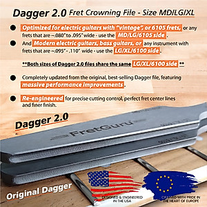 FretGuru Guitar Fret Crowning File - Dual Sided Dagger 2.0 - MD and LG/XL - Ideal for Frets between .080" to .110" wide - Professional Luthier Tool for Electric, Acoustic and Bass Guitars