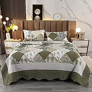 VINILITE Soft Reversible Quilt Set Queen Size, 3 Piece Microfiber Checkered Patchwork Quilted Bedspread Coverlet Bedding Set for All Season with 2 Pillow Shams, Leaf Plant Pattern Stitching, Green