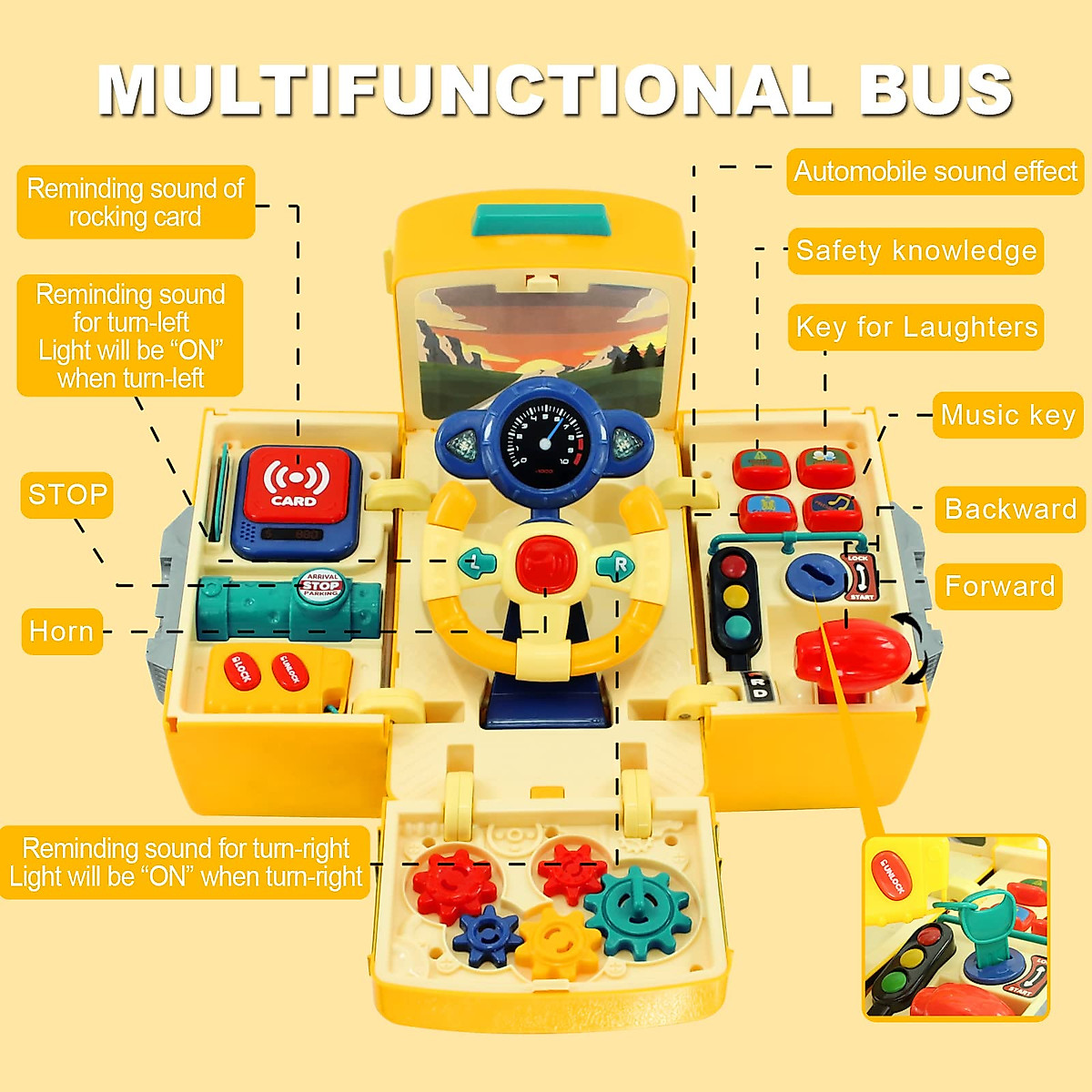 Hi-Tech School Bus Toy with Sound Light for Kids, Simulation Steering Wheel Gear Driving Pull Buses Education Knowledge Gift for Preschool Toddler Boys Girls Age 3 4 5 6 7 8