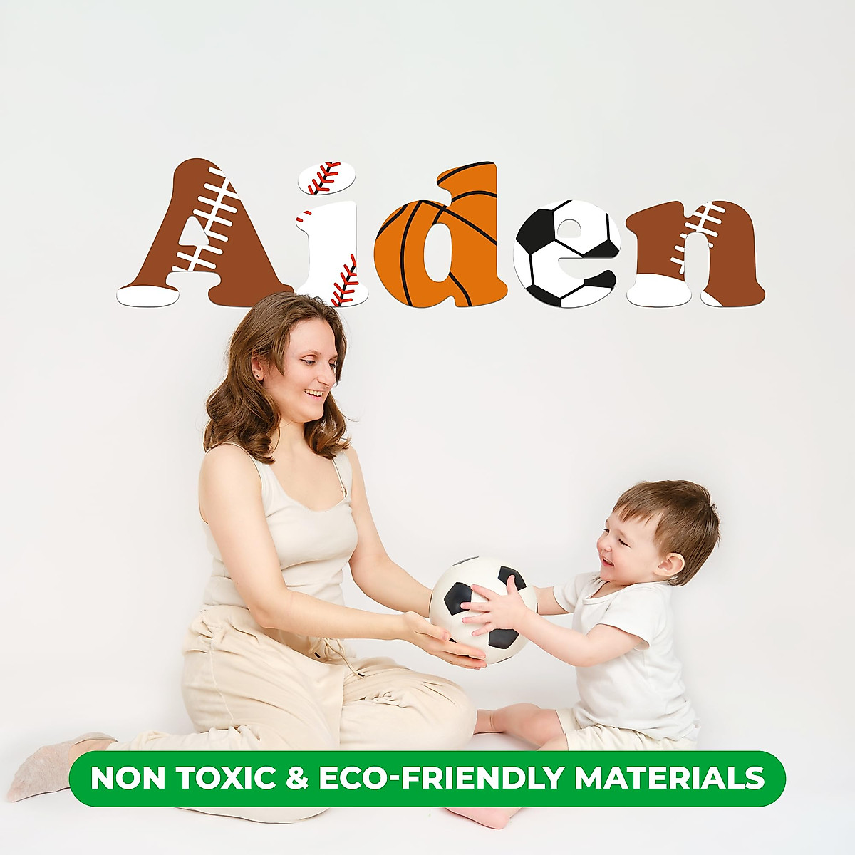 EGD Custom Name with Initial and Sports Balls Design Wall Decal I Soccer Baseball Basketball Football Wall Art Decor I Nursery Wall Stickers I Home Nursery Decoration (Wide 40" (Shown) (Large))