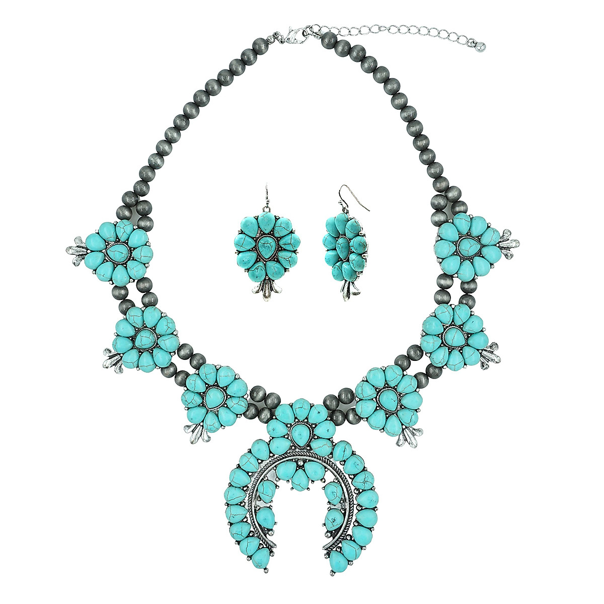 Turquoise Stone Squash Blossom Pendant Bib Statement Faux Navajo Pearl Necklace 20 Inch and French Hook Earrings (Silver Burnish/Turquoise)