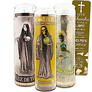 Graydon Hall 3 Pack Santa Muerte 8 Inch White Religious Candles - Bundle with 3 Holy Death Candles for Vigils, Prayers, Blessing Ceremonies, and More Plus Bookmark | Santa Muerte Devotional Candles