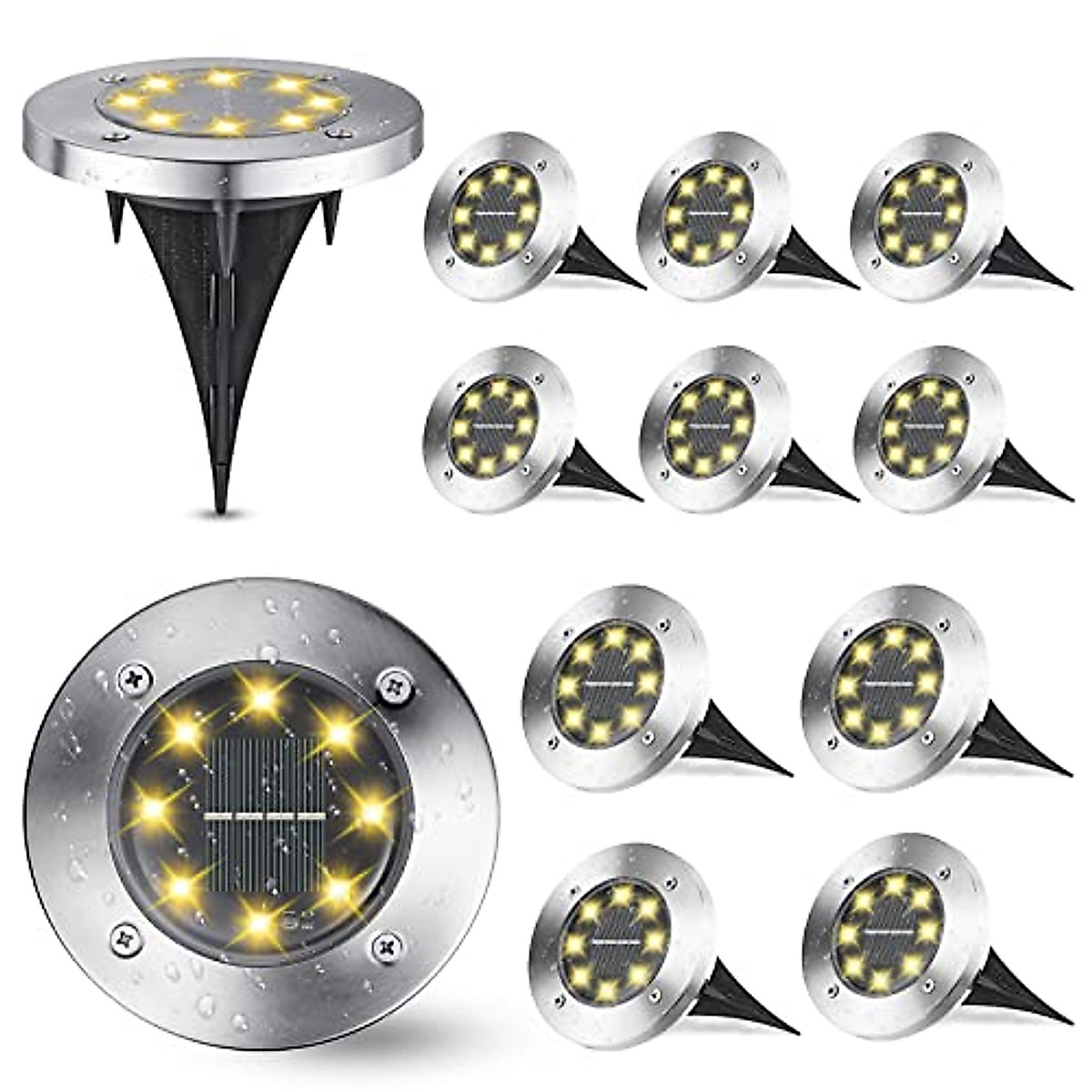 Joomer Solar Ground Lights, 12 Pack 8 LED Solar Pathway Lights Waterproof In-Ground Outdoor Landscape Lighting Solar Disk Lights for Patio Pathway Lawn Yard Driveway Walkway (Warm White)