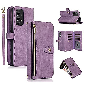 UEEBAI Crossbody Wallet Case for Samsung Galaxy A53 5G, 9 Card Slots Adjustable Crossbody Zipper Cover Detachable Lanyard Strap Flip Case with Hand Strap Kickstand Case - Purple