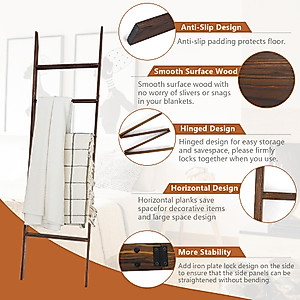 DEDU 6-Tier Blanket Ladder Wooden, 5.5FT (66.5") Blanket Towel Holder Rack Decorative Ladder, Rustic Farmhouse Ladder Shelf Easy Assembly for Living Room Bathroom Bedroom Home Decor (Brown)