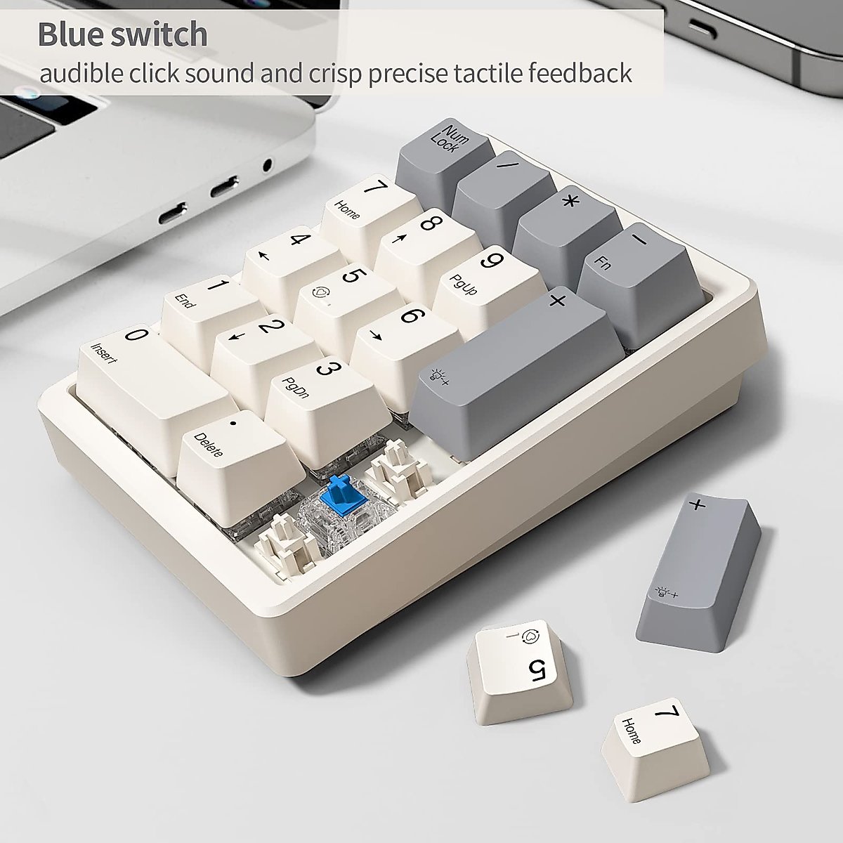 Kisnt Mechanical Number Pad,Hot Swappable Numpad Wired USB 17 Keys Keypad White Backlit Numeric Keypad with PBT Keycaps for Laptop PC Compact Keyboards(Retro Beige, Blue Switch)