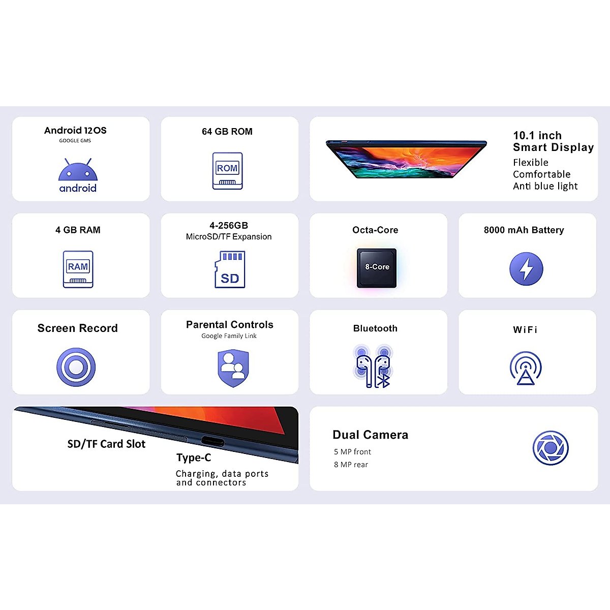 GOODTEL Android Tablet 10 Inch Tablet Octa-Core Processor 64 GB ROM Tablets, Smart IPS, 8000 mAh, Camera 5 MP + 8 MP, WiFi | Bluetooth, Tablet with Keyboard + Mouse (Blue)