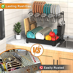 Stofiro Dish Drying Rack with Drainboard, 2 Tier Drying Rack for Kitchen Counter, Rustproof Multipurpose Dish Rack with Cutting Board Holder, Drainage, Utensil Holder, Cup Holder, Dryer Mat