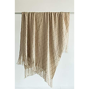 Decorative Diamond Pattern Knit Throw Blanket with Fringe, Khaki
